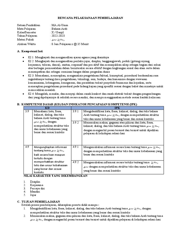 RPP Bahasa Arab X 2022-2023 | PDF