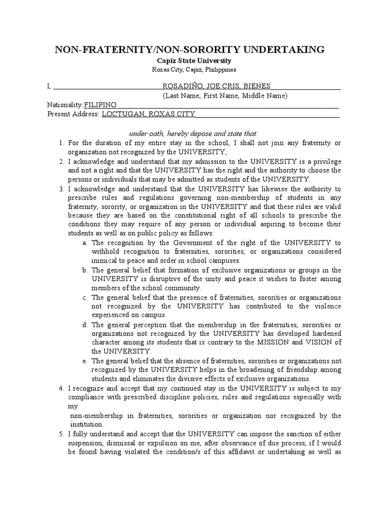 Non Fraternity Undertaking Final | PDF | Affidavit | Fraternities And ...