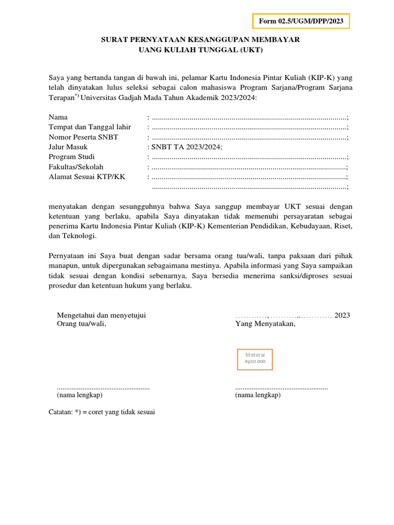 Form Pernyataan Kesanggupan Bayar Ukt Pelamar Kipk SNBT 2023 | PDF
