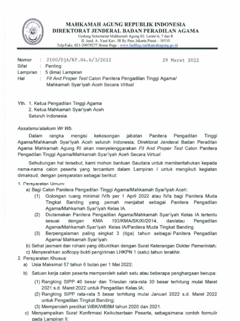 Surat Fit and Proper Test CPP PTA Msy | PDF