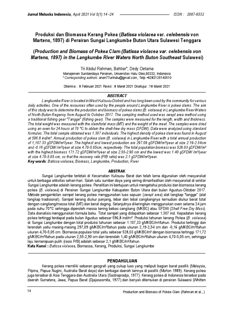 Produksi Dan Biomassa Kerang Pokea LANGKUMBE BUTUR | PDF | Ilmu Sosial ...