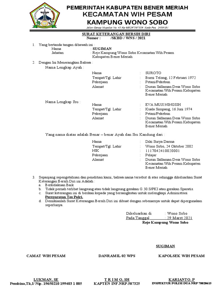 Surat Keterangan Bersih Diri | PDF