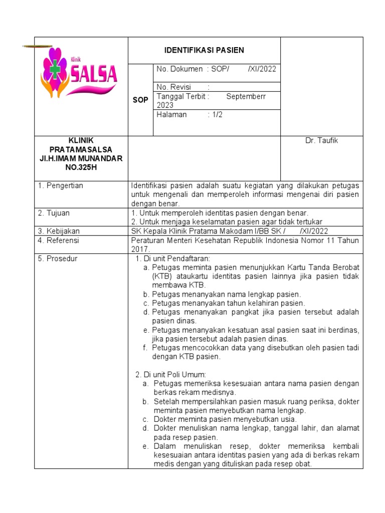 1.sop Identifikasi Pasien (Bab 2 Rani) | PDF