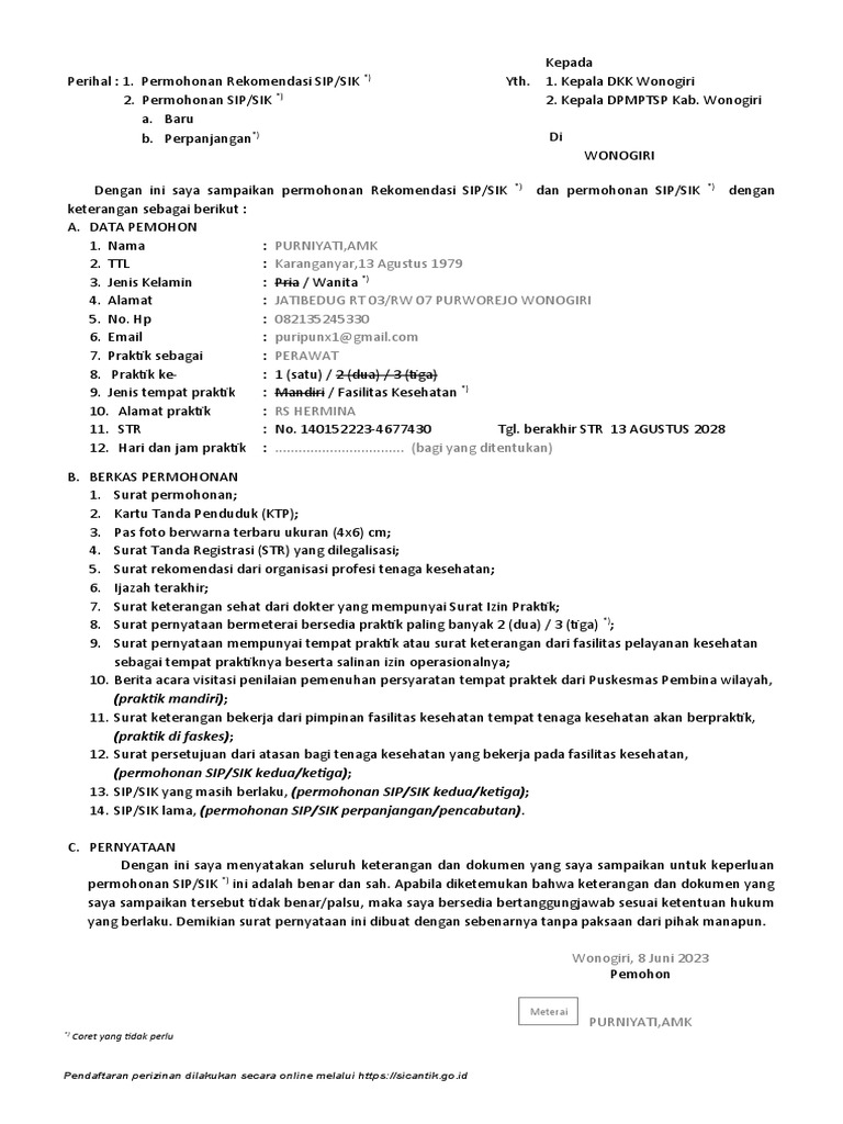 TEMPLATE Formulir SIP-SIK Sicantik Dan Surat Pernyataan Praktik 2-3 ...