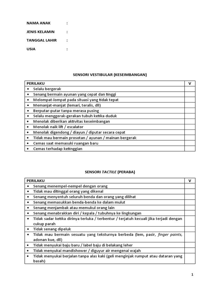 Form Asesmen Sensori | PDF