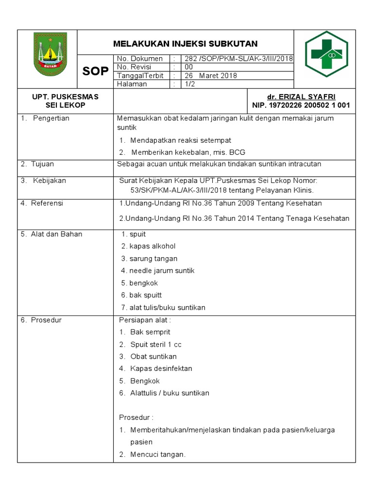 SOP Injeksi Subkutan Puskesmas | PDF