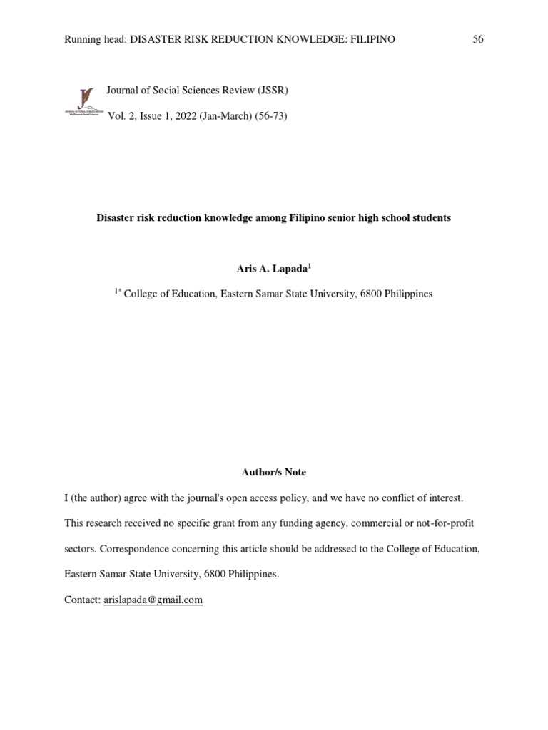 Disaster Risk Reduction Knowledge Among Filipino Senior High School ...
