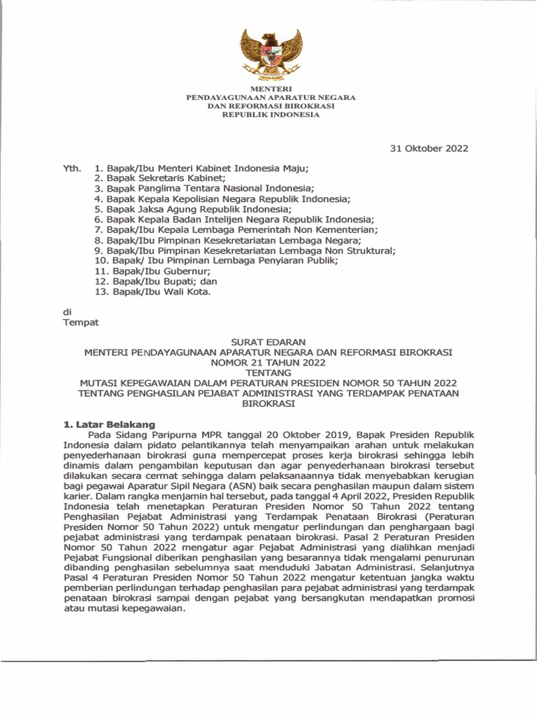 Se Menpan RB Nomor 21 Tahun 2022 TTG Mutasi | PDF
