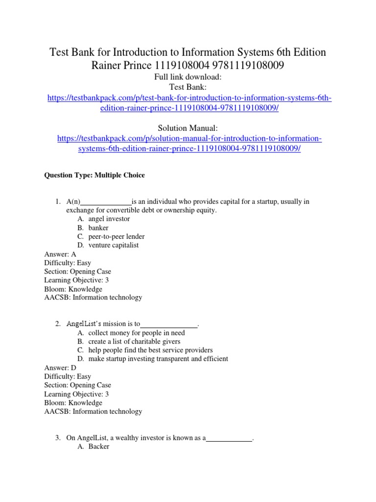 Introduction To Information Systems 6th Edition Rainer Prince Test Bank Pdf