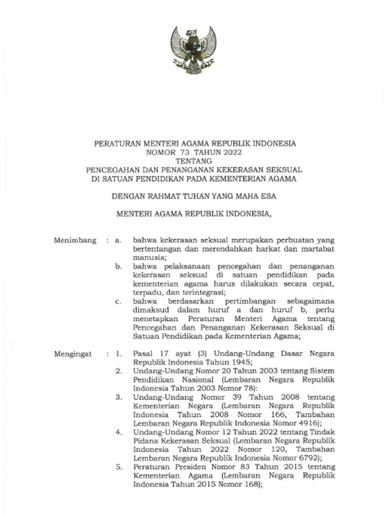 Peraturan Menteri Agama Nomor 73 Tahun 2022 Tentang Pencegahan Dan Penanganan Kekerasan Seksual ...