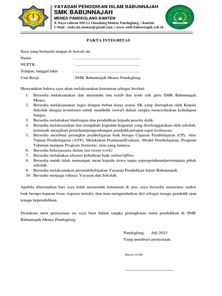Pakta Integritas Guru | PDF