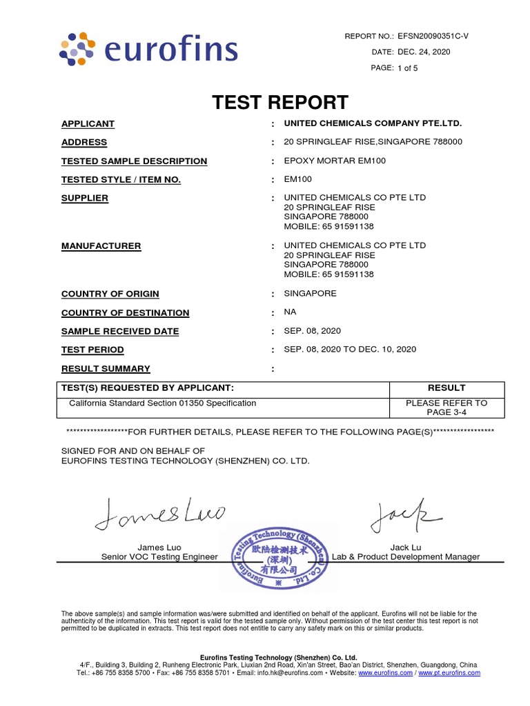 Toptech EM100 LEED IEQ CR 4.3 Test Eurofins | PDF