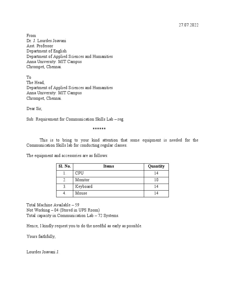 Requirement Letter On 18-05-2022 | PDF
