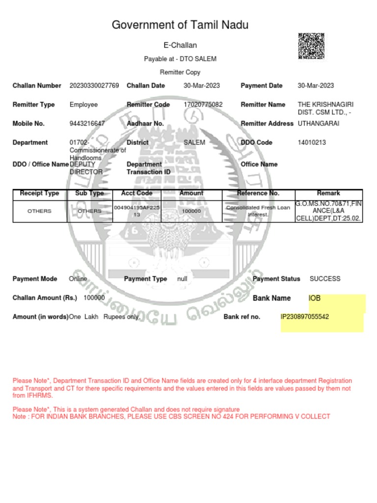 Tamil Nadu E-Challan Payment Receipt | PDF