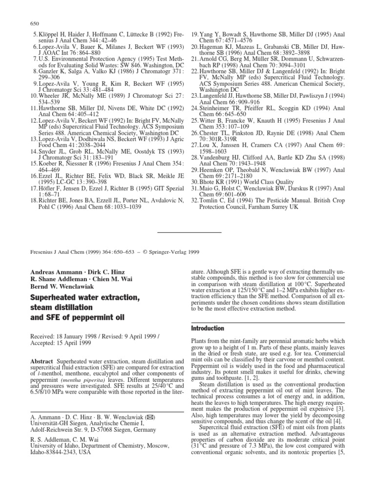 Superheated Water Extraction, Steam Distillation and SFE of Peppermint ...