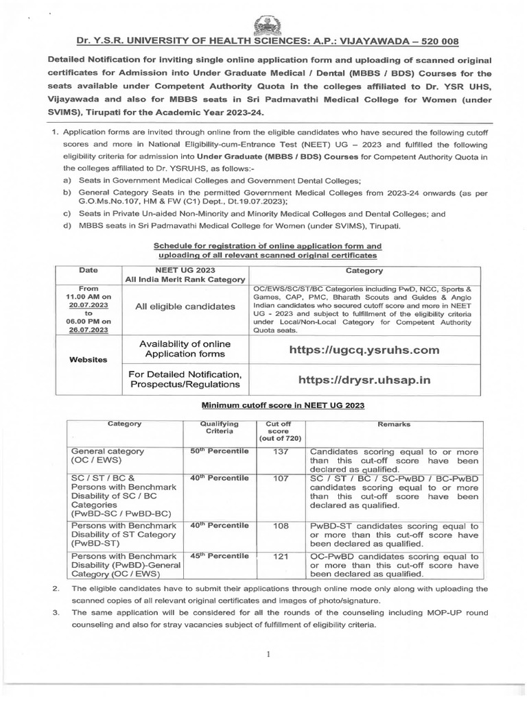 Detailed Notification MBBS & BDS 2023 | PDF