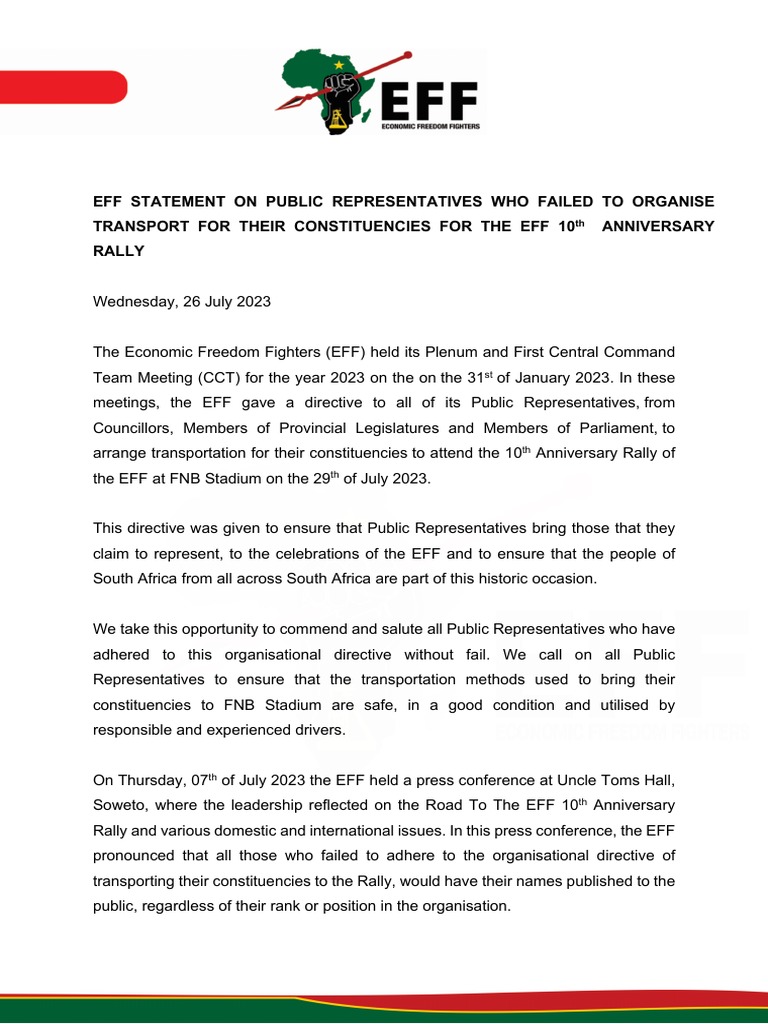 EFF Names Officials Failing 10th Rally Transport | PDF