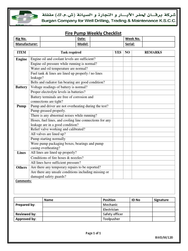 FIRE PUMP CHECKLIST 2018 | PDF