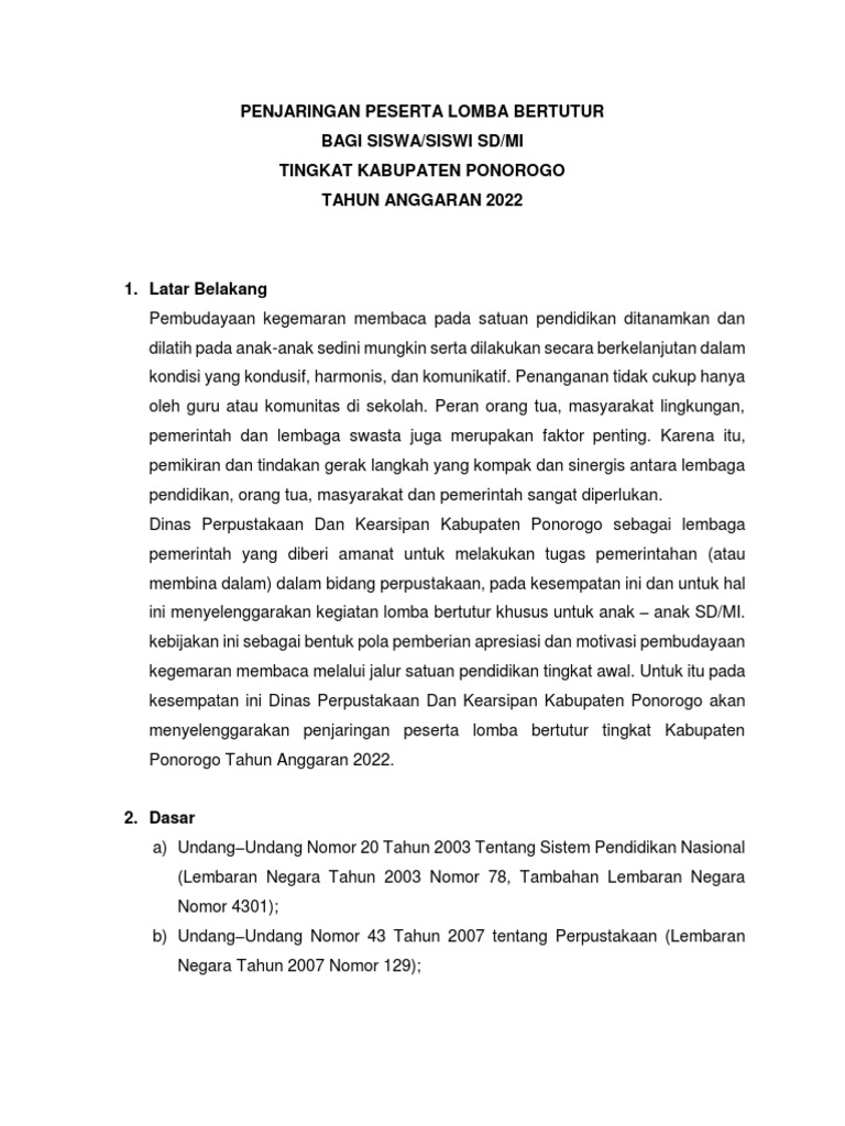 Juknis PENJARINGAN PESERTA LOMBA BERTUTUR 2022 | PDF | Karier & Perkembangan