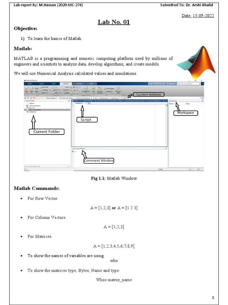 Lab No.1 | PDF | Matrix (Mathematics) | Matlab