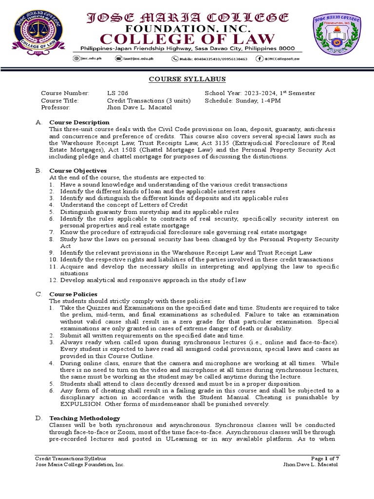 Cred Trans Syllabus 2023 2024 Full | PDF | Mortgage Loan | Security Interest