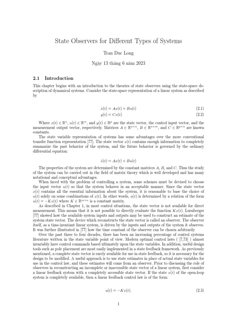 State Observers For Different Types Of Systems Pdf Control Theory Applied Mathematics 