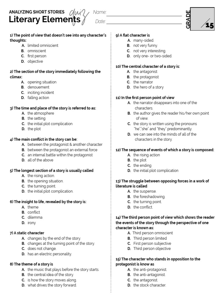 1 Short Story Elements QUIZ | PDF | Narration | Plot (Narrative)