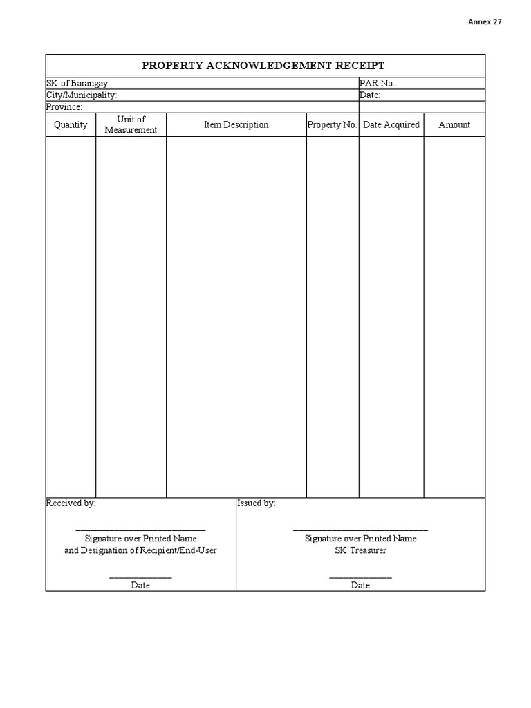 Property Acknowledgement Receipt: Annex 27 | PDF | Finance & Money ...