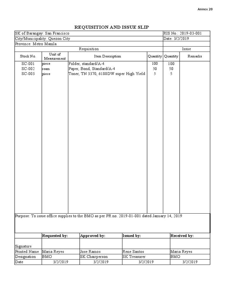 Requisition and Issue Slip: Annex 20 | PDF