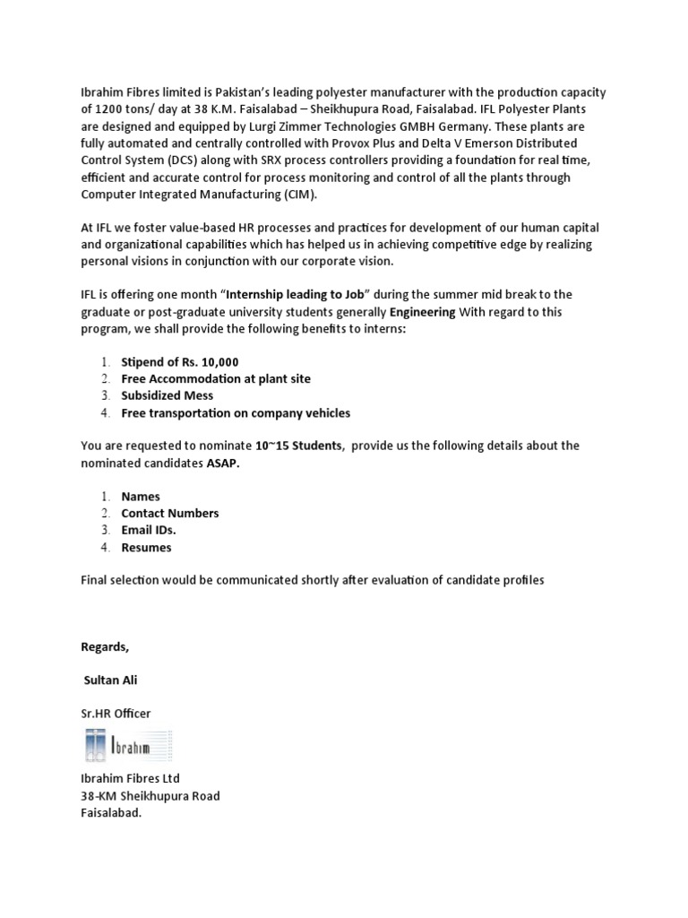 Internship Opportunities at Ibrahim Fibres | PDF