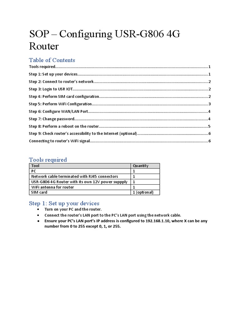 SOP - Configuring USR-G806 4G Routers (Manual) | PDF