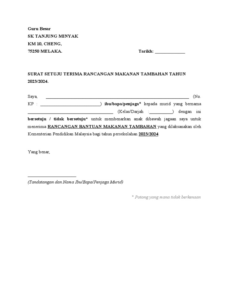 Surat Setuju Terima RMT Dan Susu | PDF