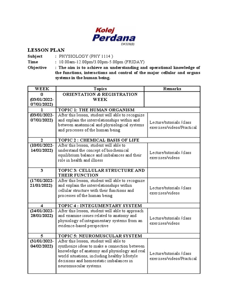 Lesson Plan Phy 1114 202201 | PDF | Anatomy | Heart
