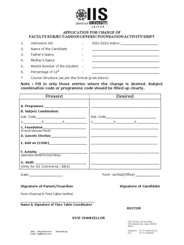 Subject Change Form | PDF