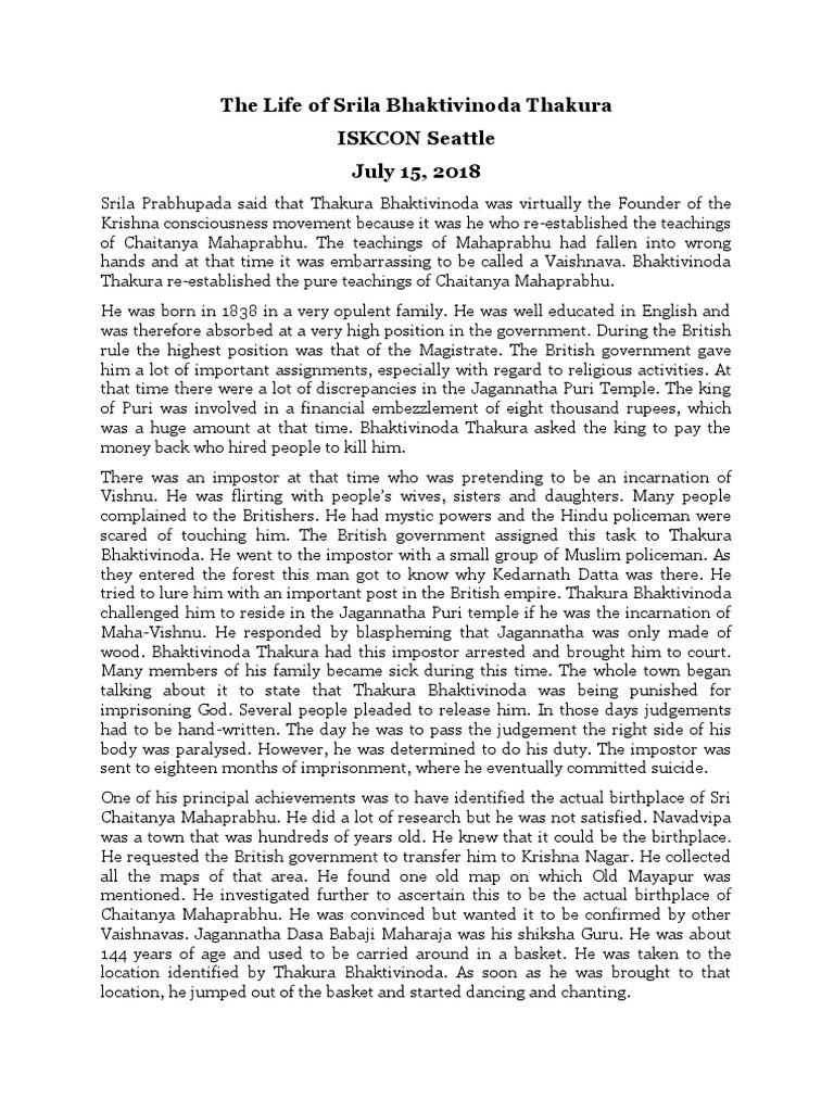 The Life of Srila Bhaktivinoda Thakura | PDF