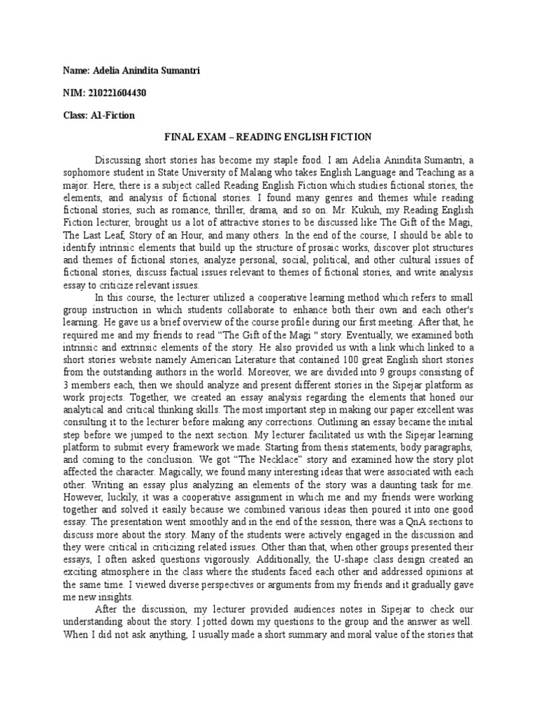 Final Exam - Reading English Fiction | PDF | Essays | Critical Thinking