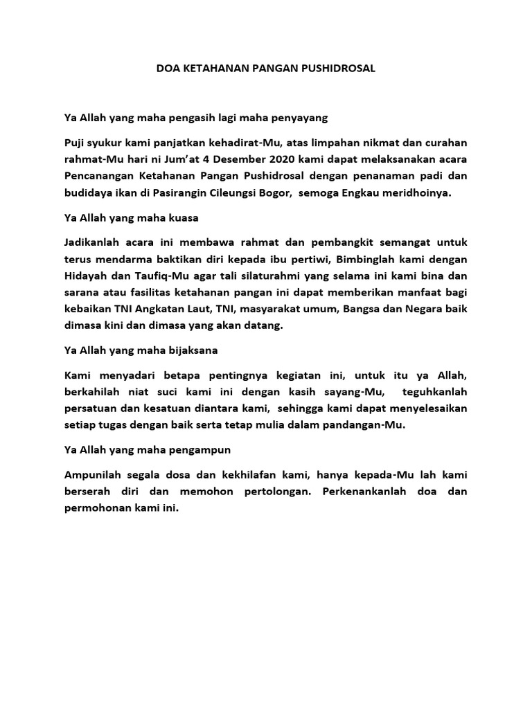 Doa Ketahanan Pangan Pushidrosal | PDF