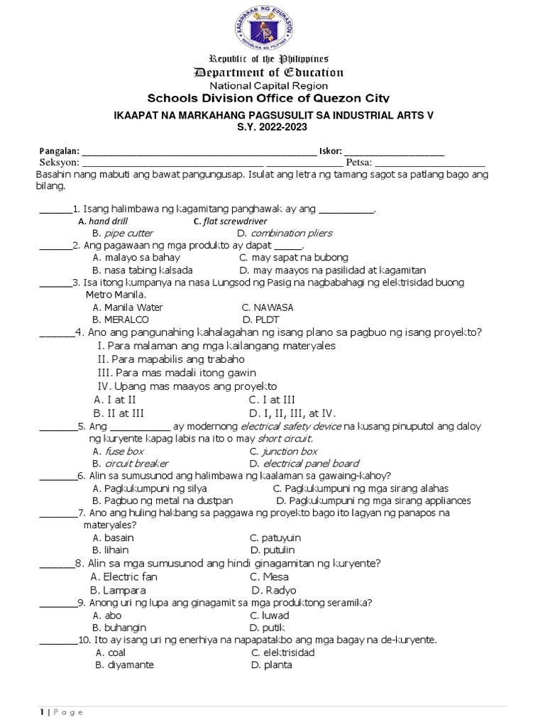 Pagsusulit-sa-Industrial-Arts-5 | PDF