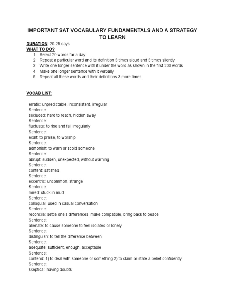Important Sat Vocabulary Fundamentals and A Strategy To Learn | PDF ...