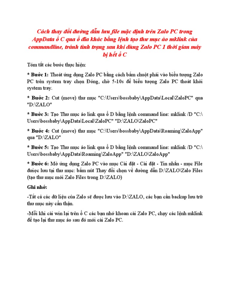 Cách thay đổi đường dẫn lưu file mặc định trên Zalo PC trong AppData ổ C qua ổ đĩa khác | PDF