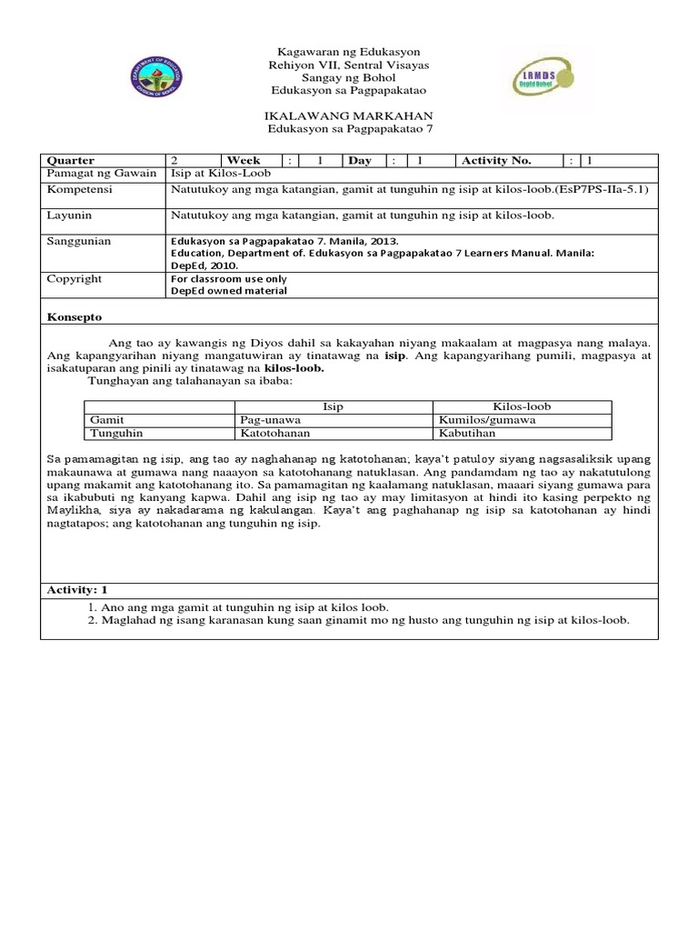 EsP7 Q2 Week1 Day1 | PDF