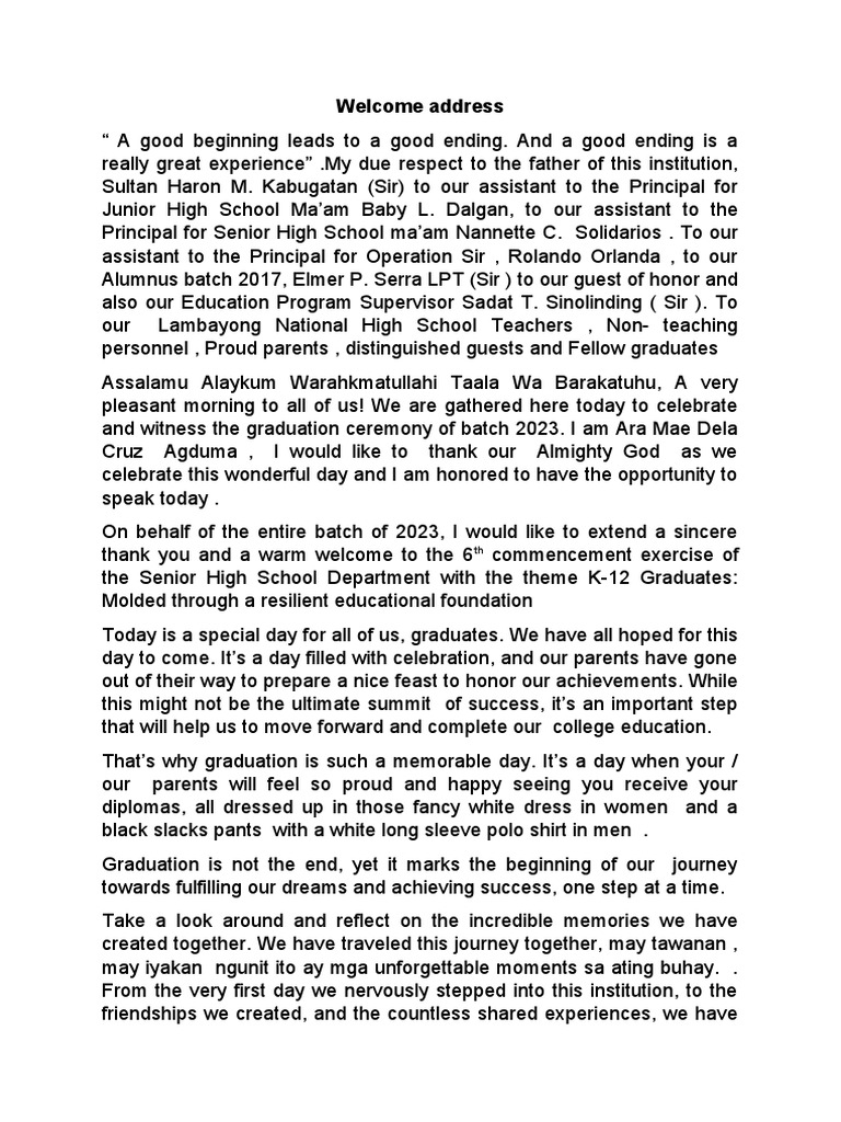 Welcome Address (Agduma, Ara Mae D.) | PDF