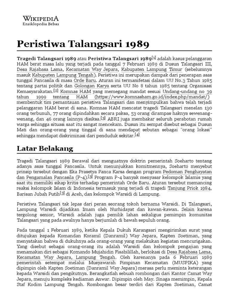 Peristiwa Talangsari 1989 - Wikipedia Bahasa Indonesia, Ensiklopedia Bebas | PDF