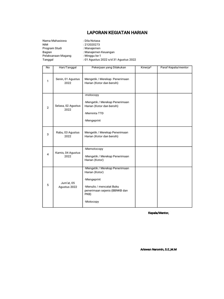 Dila (Laporan Kegiatan Harian Magang) | PDF