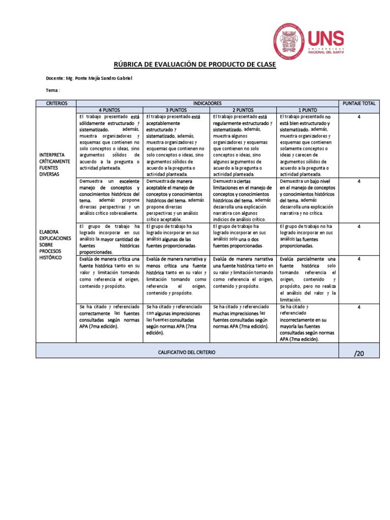 Rúbrica de Eval. Producto - HISTORIA CRÍTICA | PDF
