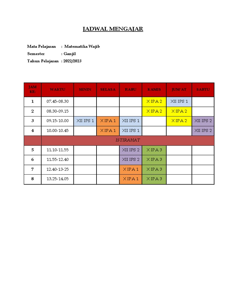Jadwal Mengajar Matematika 2022/2023 | PDF