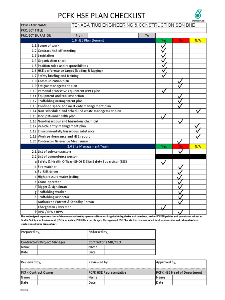 Contractor HSE Plan Checklist (External) I | PDF | Occupational Safety ...