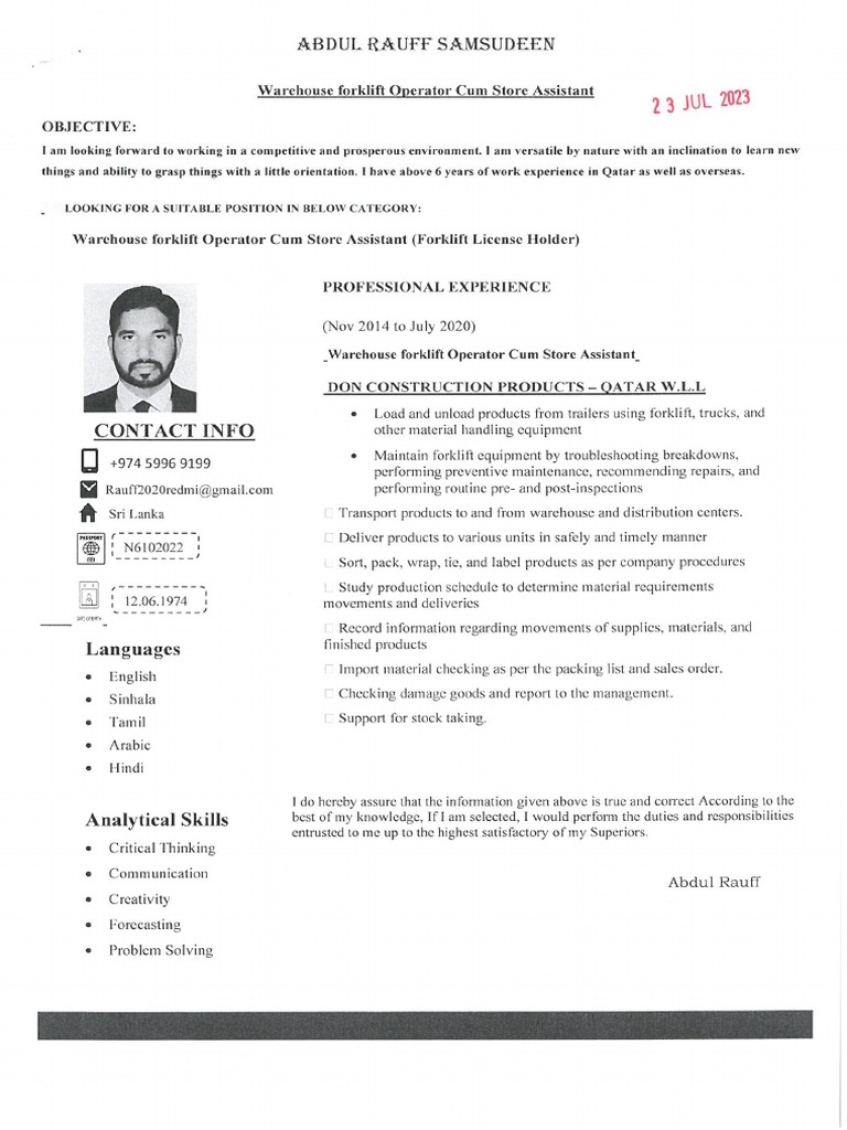 Forklift Operator CV | PDF