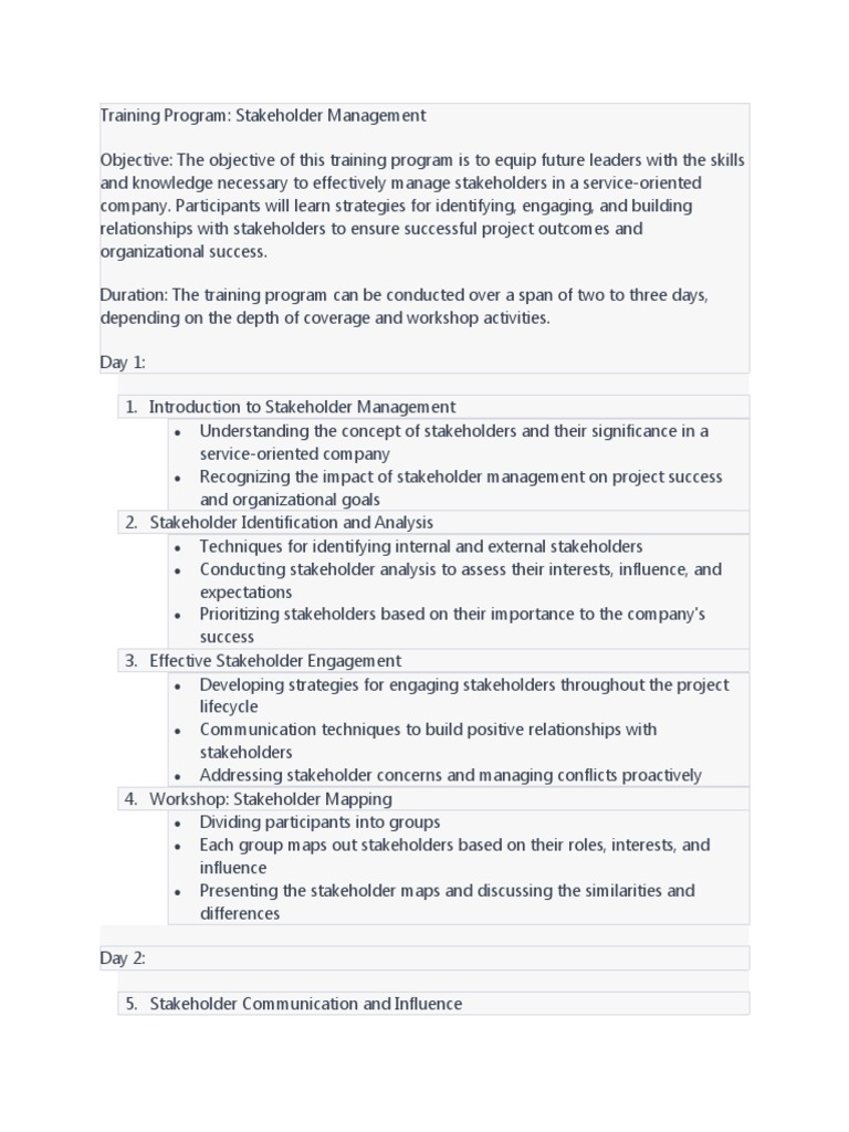 Stakeholder Management Plan Training Program | PDF | Stakeholder (Corporate) | Communication