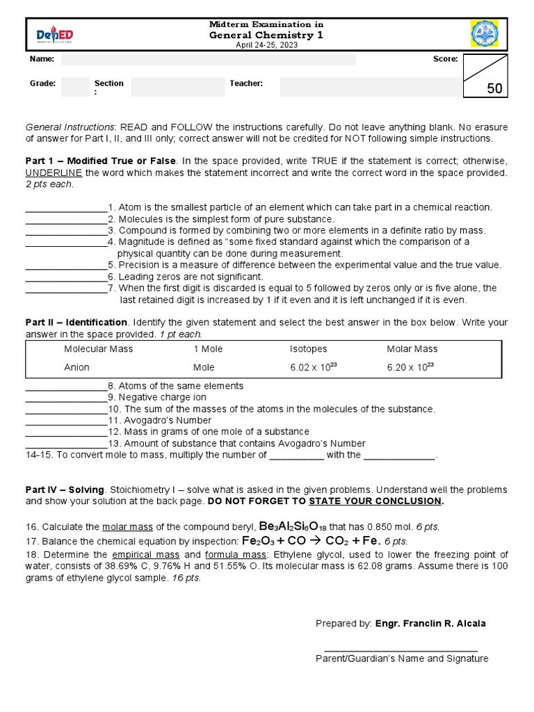 Chemistry 1 - Midterm Exam | PDF | Mole (Unit) | Chemistry